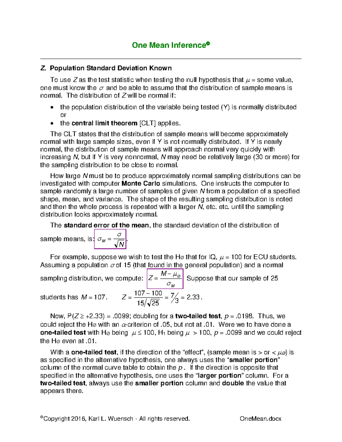 One Mean Inference - One Mean Z. Population Standard Deviation Known To ...