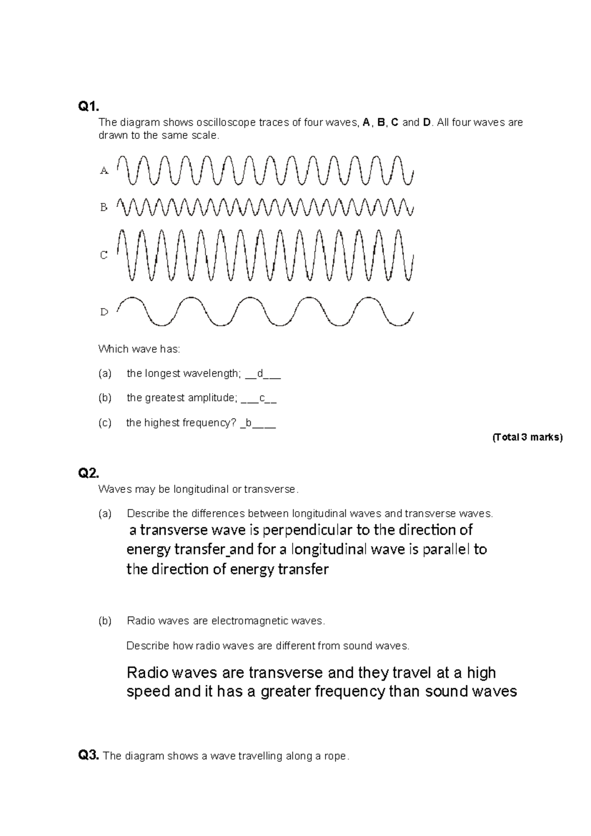 Waves hw - physics - Q1. The diagram shows oscilloscope traces of four ...