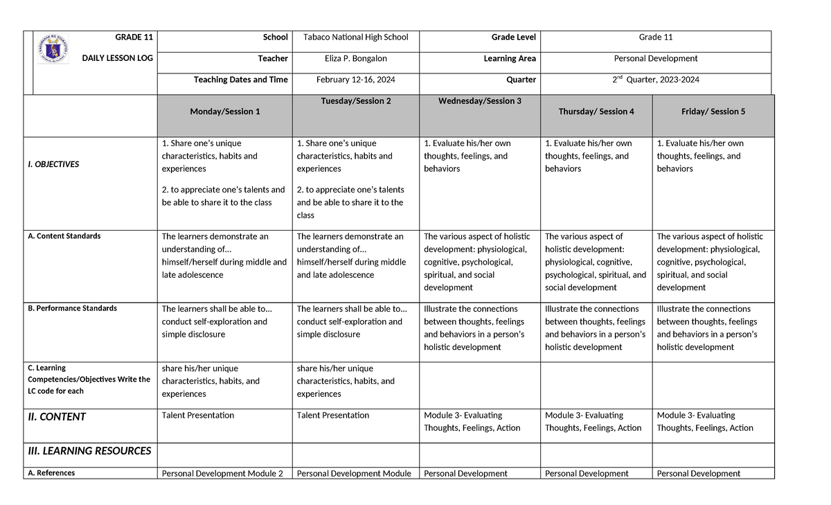 Perdev wk 3 - Practice post test and summative tests - GRADE 11 DAILY ...