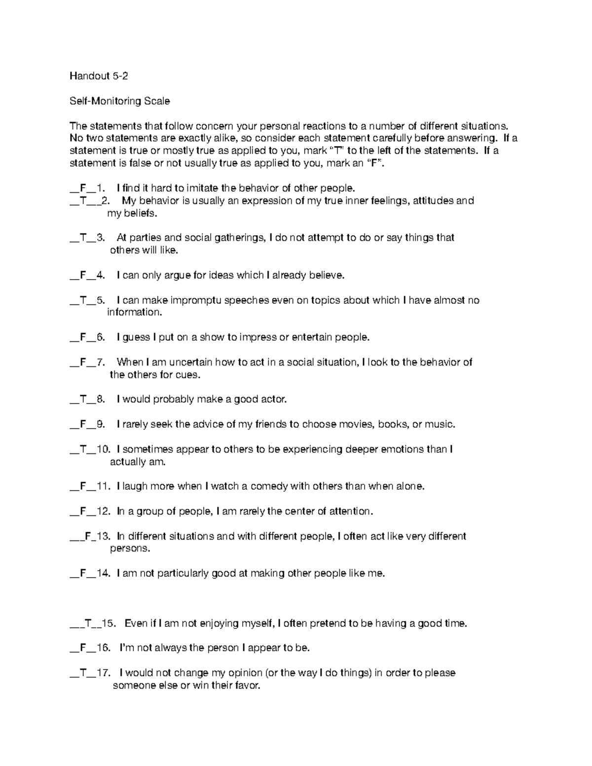 Self Monitoring Scale - ... - Handout 5- Self-Monitoring Scale The ...