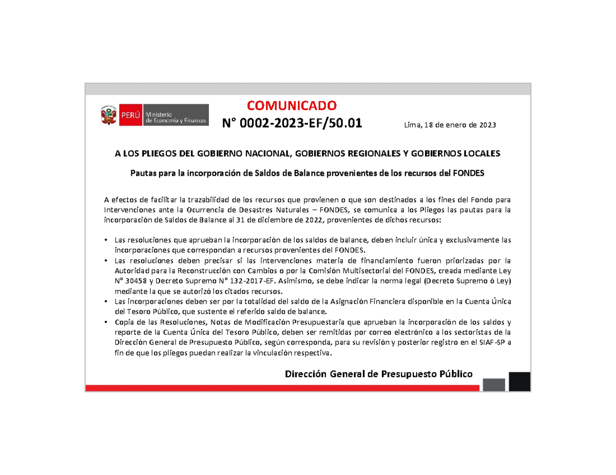 Comunicado 0002 2023EF5001 - Dirección General de Presupuesto Público COMUNICADO N° 0002‐ 2023 ...