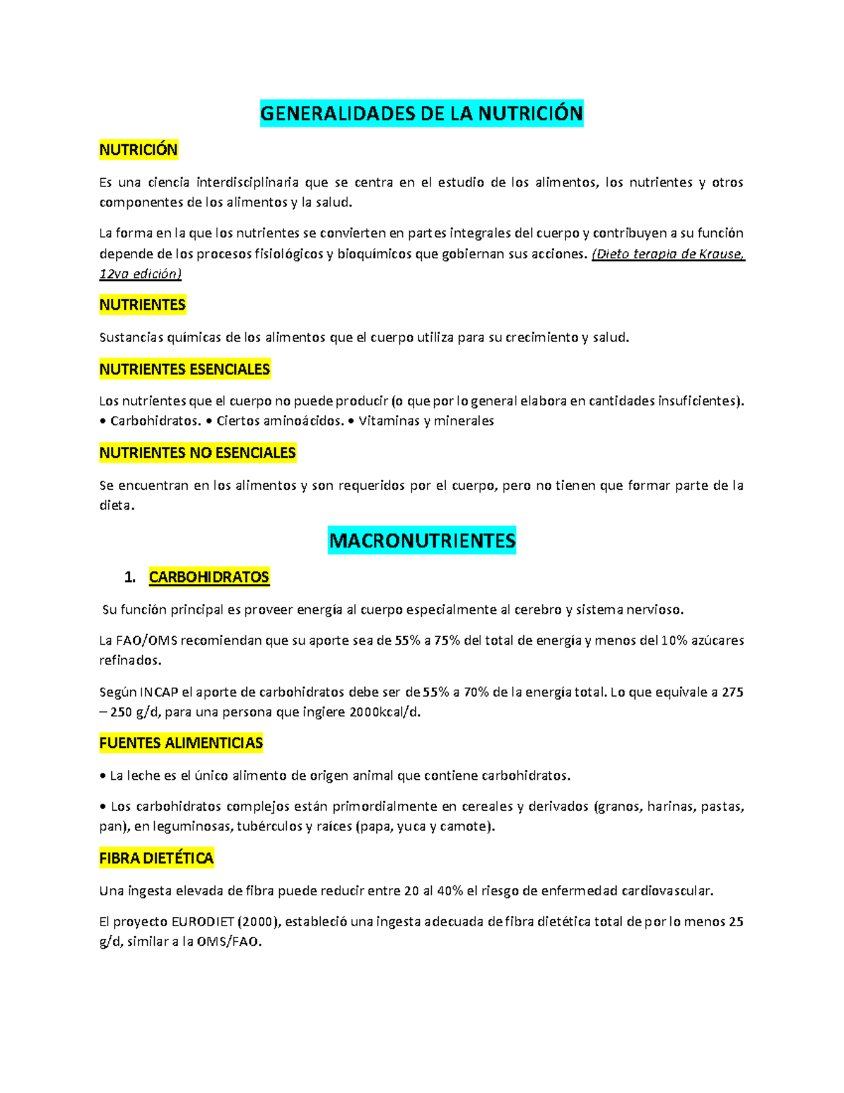 A. Resumen 1U nutricion - GENERALIDADES DE LA NUTRICI”N NUTRICI”N Es una ciencia ...