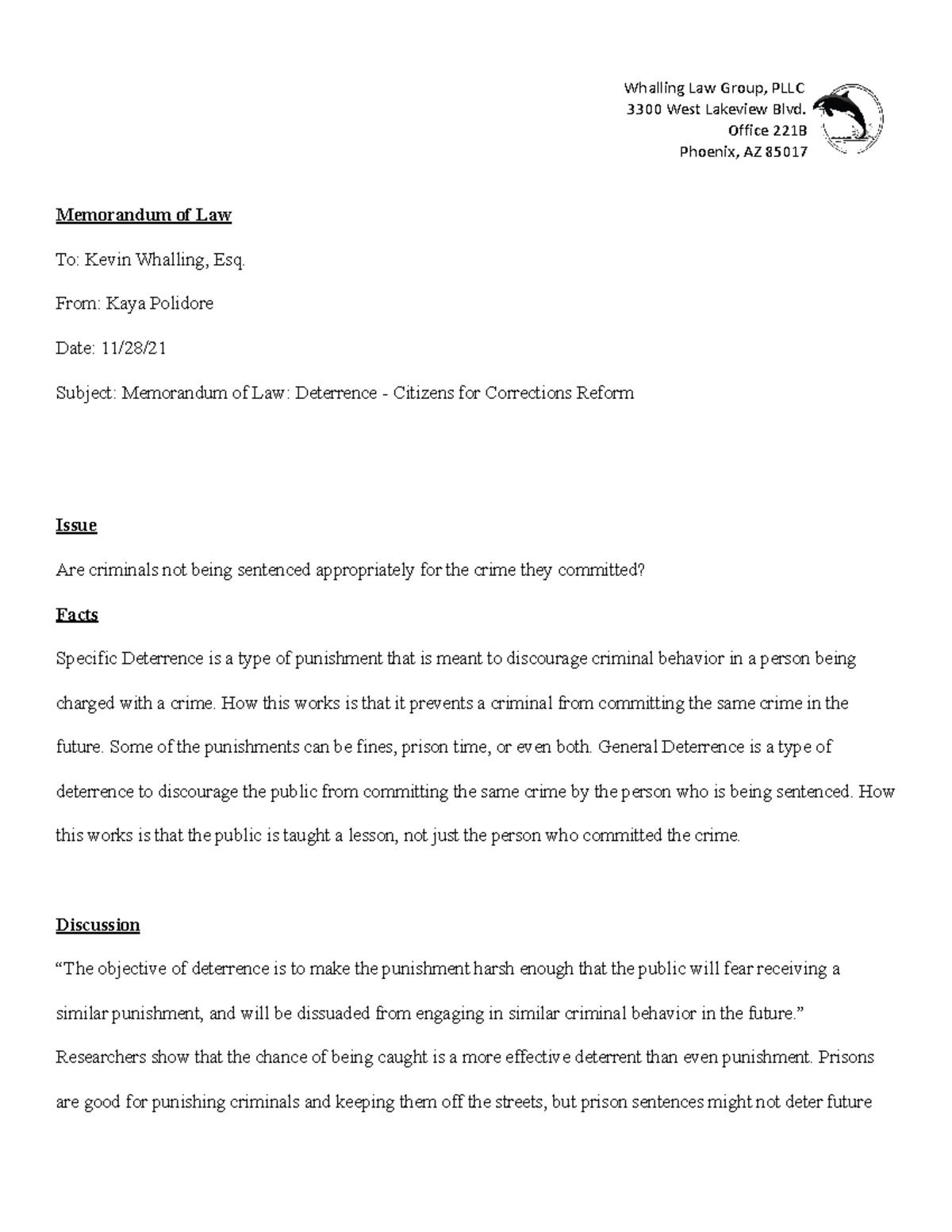 JUS-104 Topic 6 Memorandum of Law Template - Whalling Law Group, PLLC ...