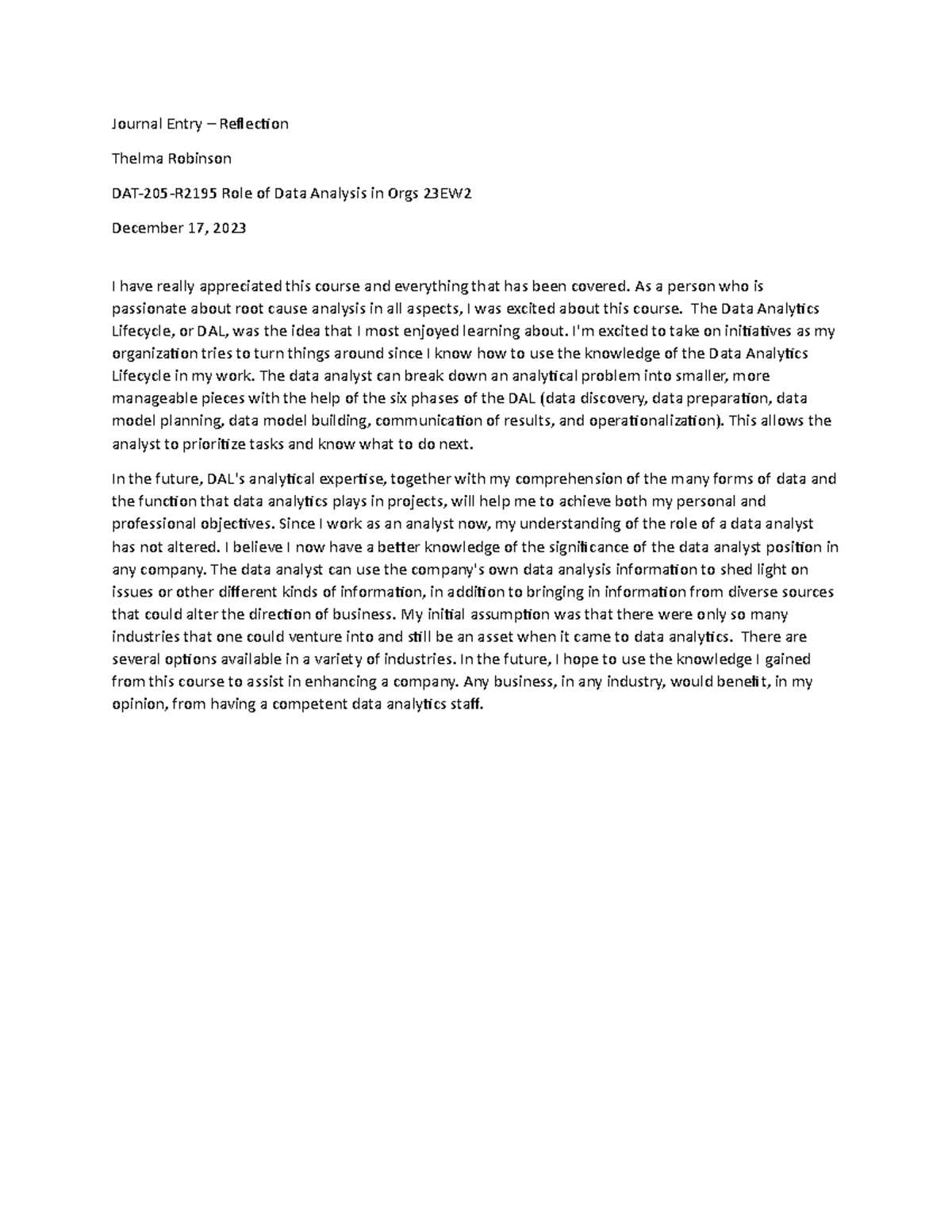 DAT 205 Moduel Eight Journal Entry –Reflection - Thelma Robinson ...