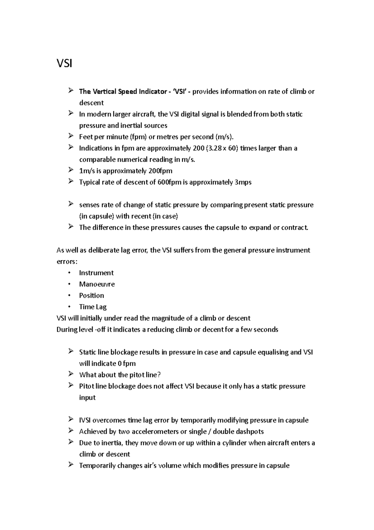VSI - Notes for instruments - VSI The Vertical Speed Indicator - ‘VSI ...