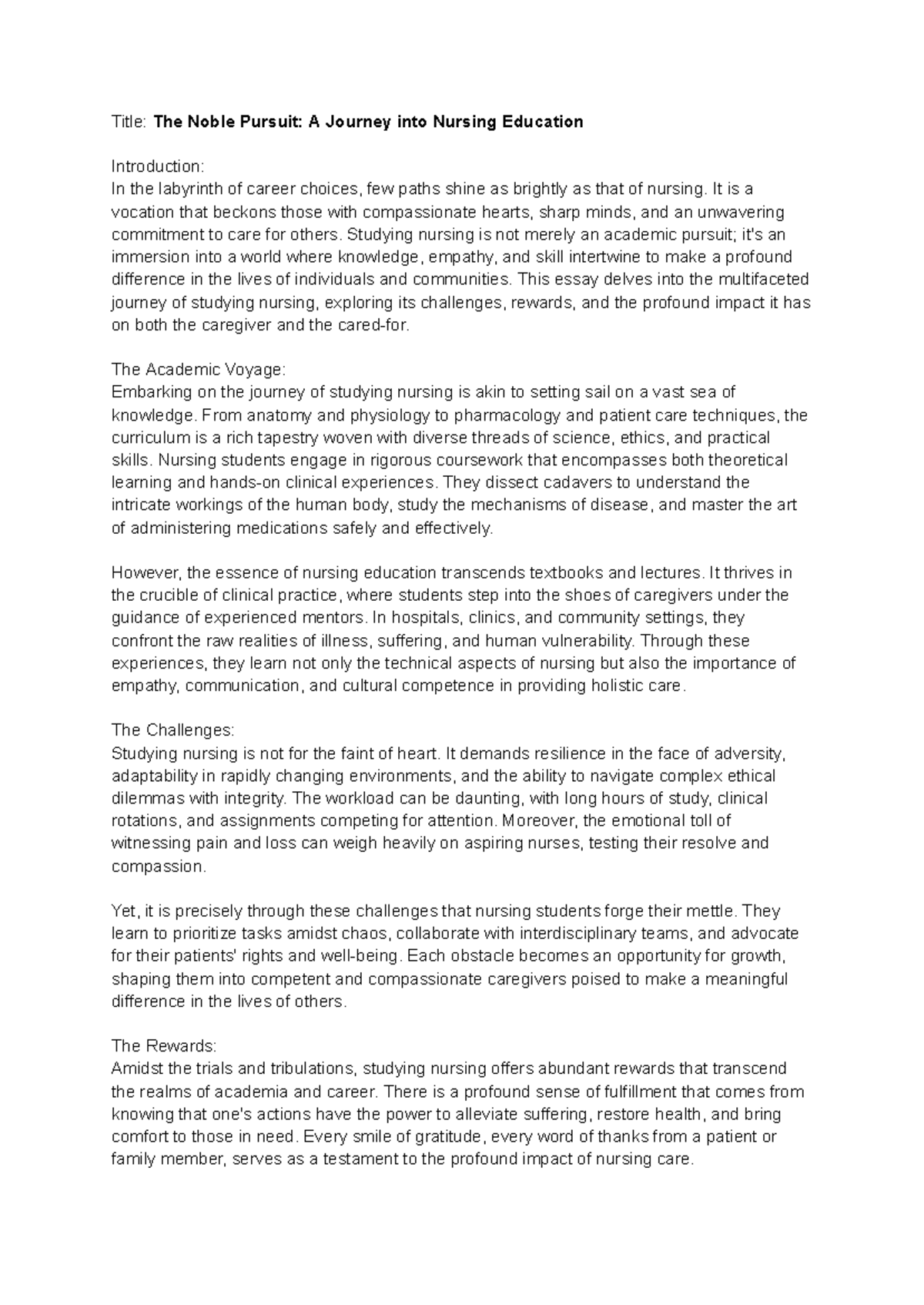 Essay Nursing Why Take it - Title: The Noble Pursuit: A Journey into ...