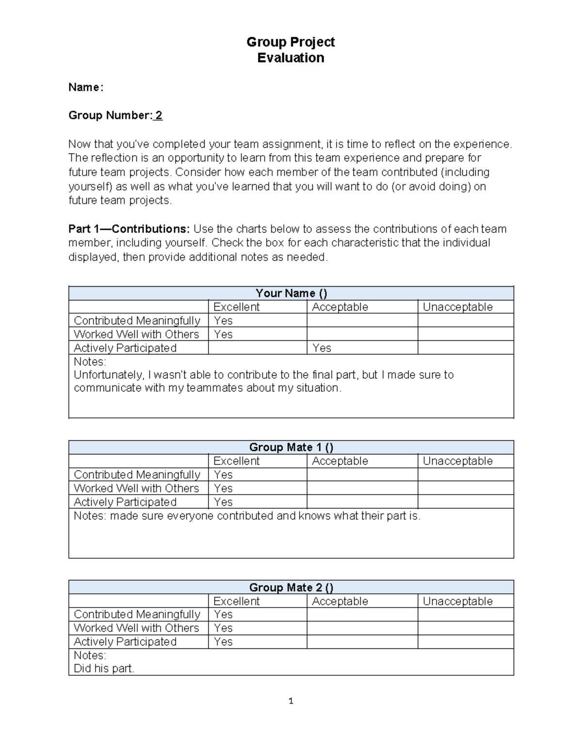 Unit 7 Group Project Reflection - Group Project Evaluation Name: Group ...