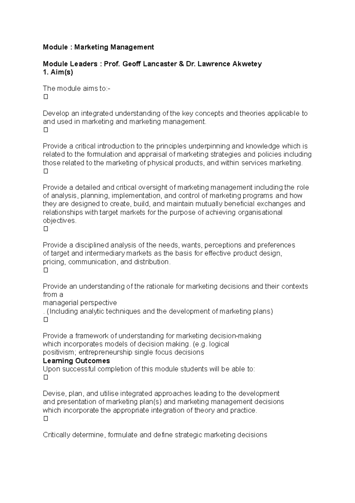 Module - mba - Module : Marketing Management **Module Leaders : Prof ...