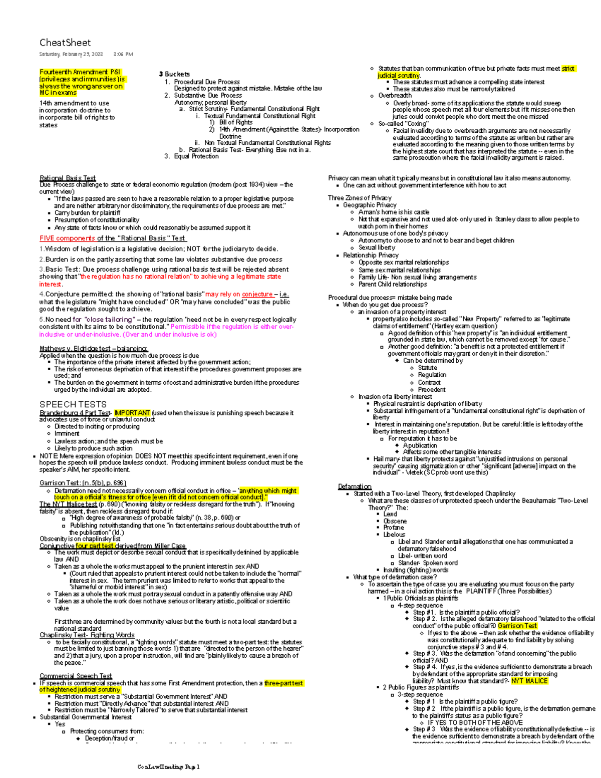 Con Law 2 Cheat Sheet - 3 Buckets Procedural Due Process Designed to ...