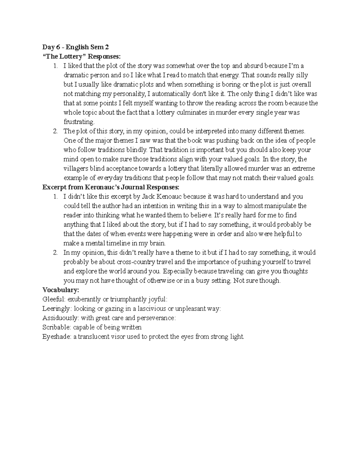 Day 6 - English Sem 2 - This is class notes about the reading for ...