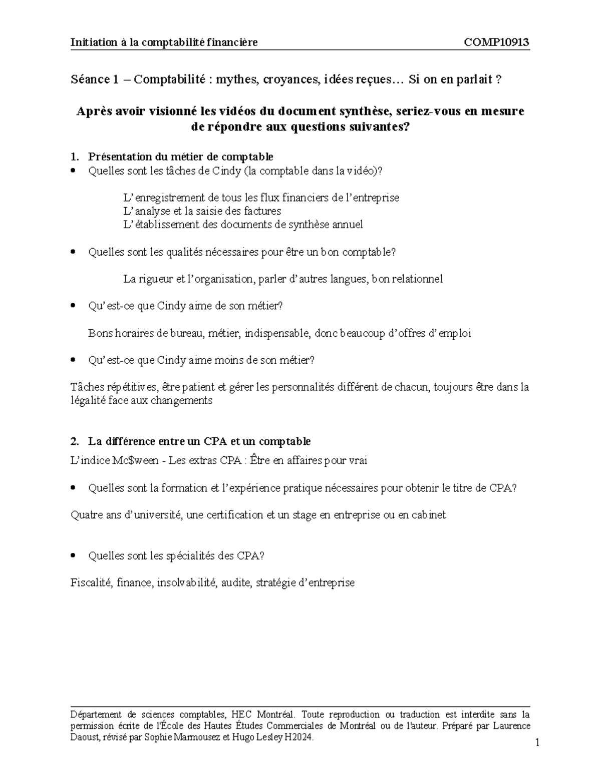 Séance 1 compta - Initiation à la comptabilité financière COMP Séance 1 – Comptabilité : mythes ...