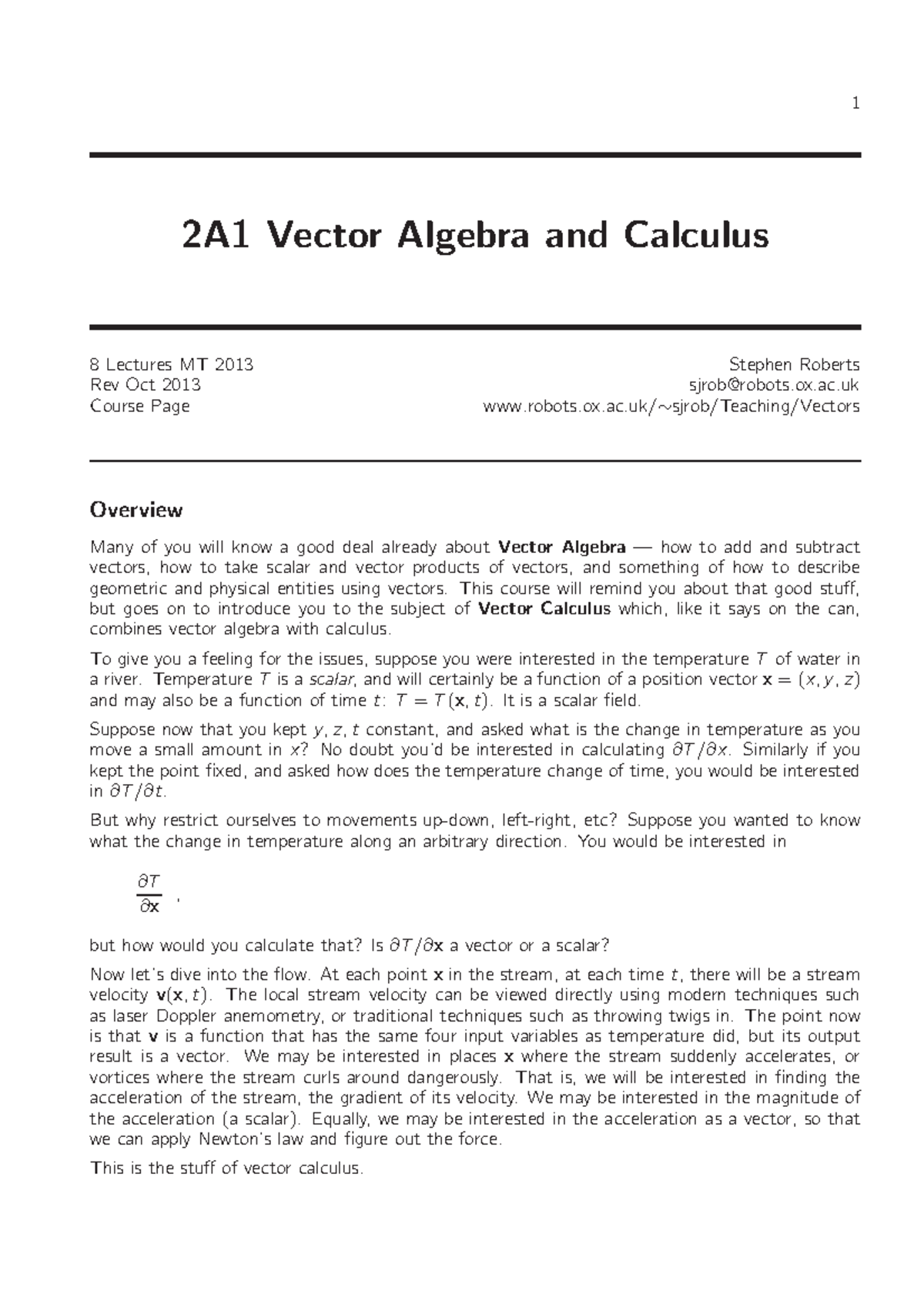 Vector Algebra and Calculus Autor Stephen Roberts - 1 2A1 Vector ...