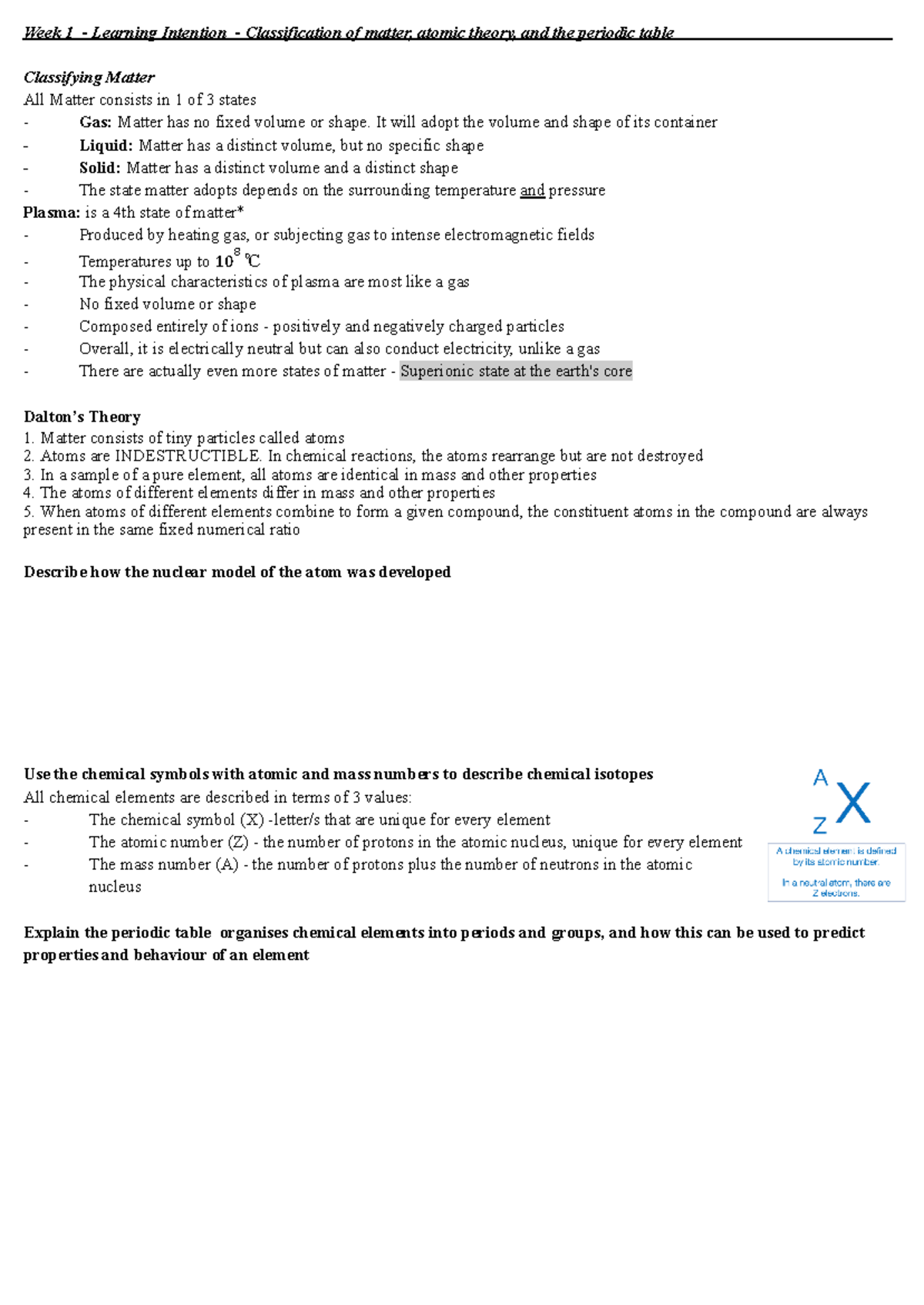 CHEM1010 - Introductory Chemistry 1 - Week 1 - Learning Intention ...