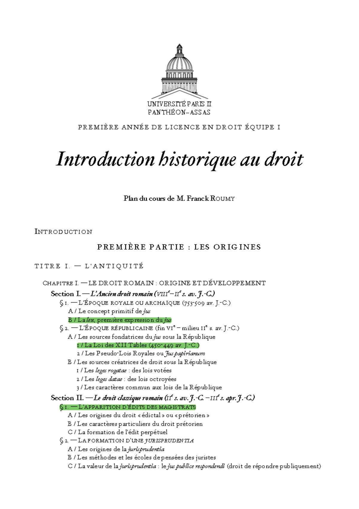 Plan intro historique au droit - UNIVERSITÉ PARIS II P A N T H É O N – A S S A S P R E M I È R E ...