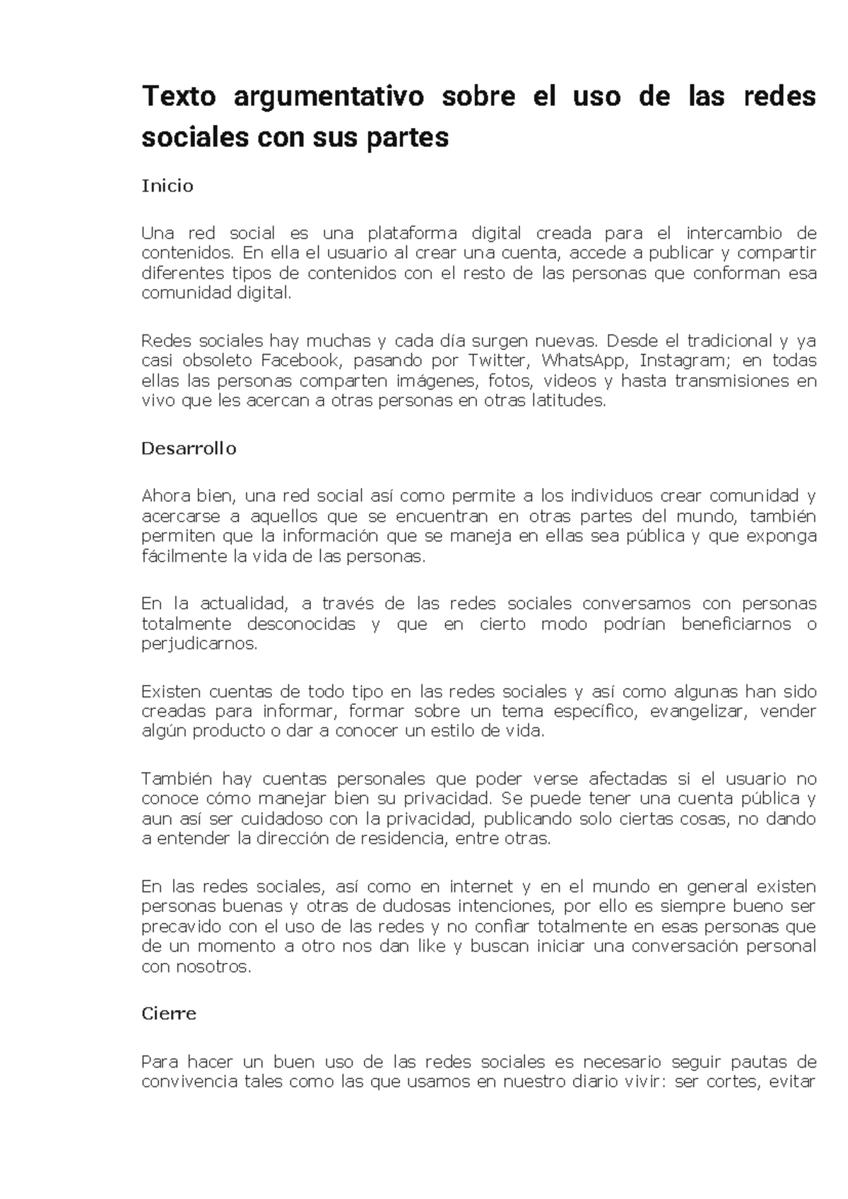 Texto argumentativo sobre el uso de las redes sociales con sus partes ...