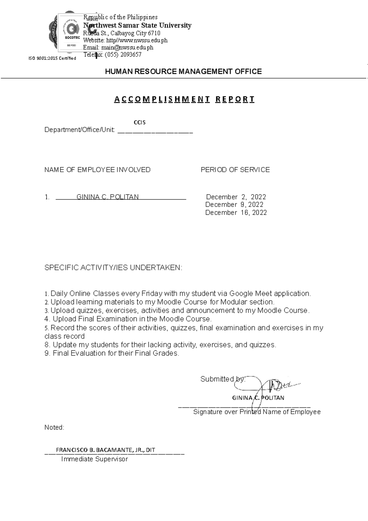 December-Accmp - Accomplishment report - ISO 9001:2015 Certified ...