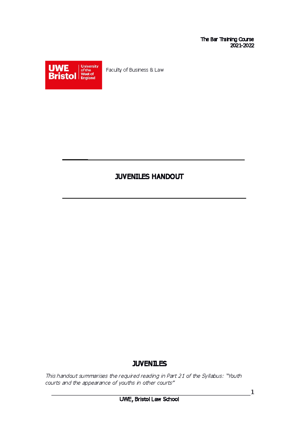 Juveniles Handout 21-22 Complete - The Bar Training Course 2021 - 2022 ...