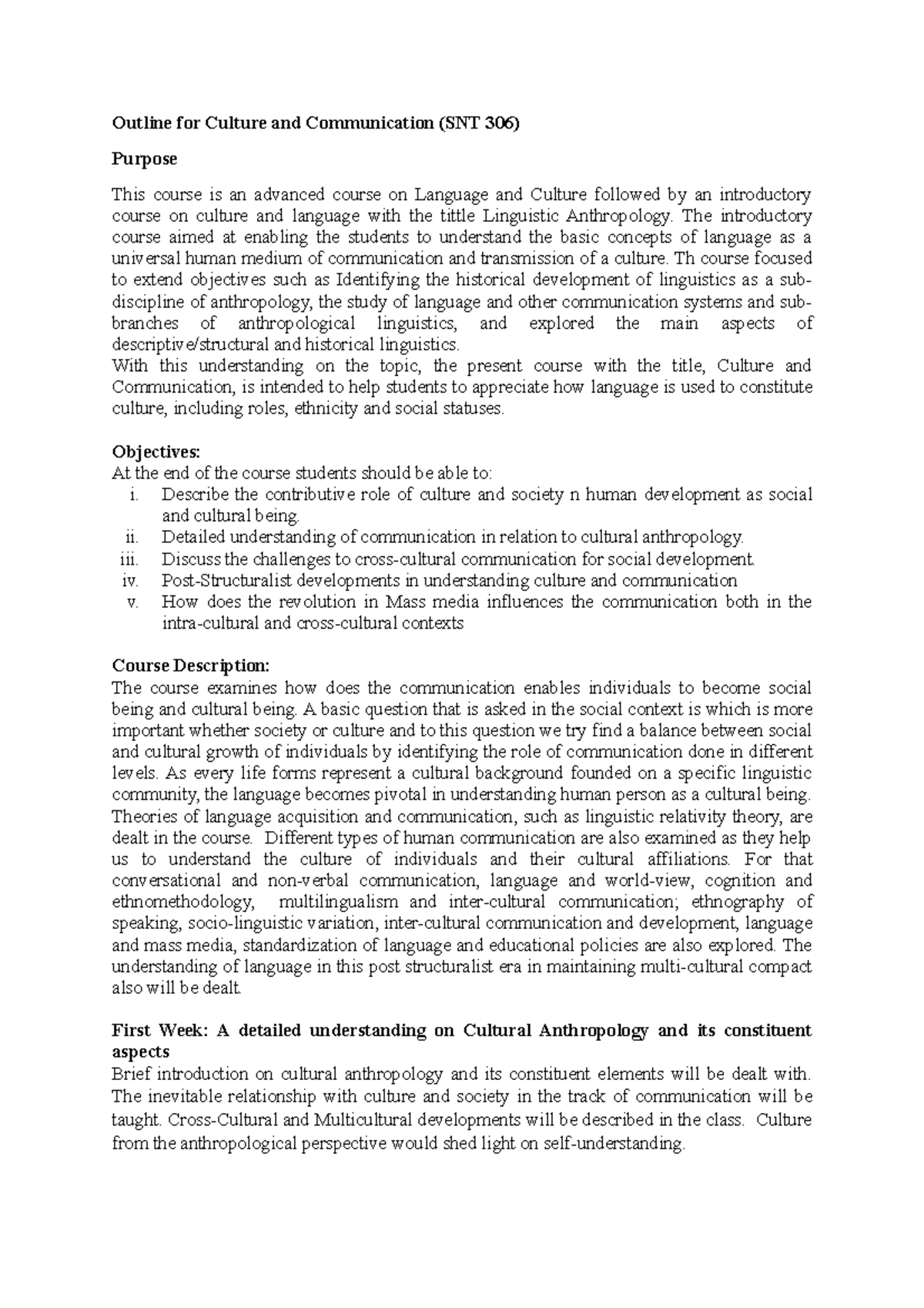 Schema - Good - Outline for Culture and Communication (SNT 306) Purpose ...
