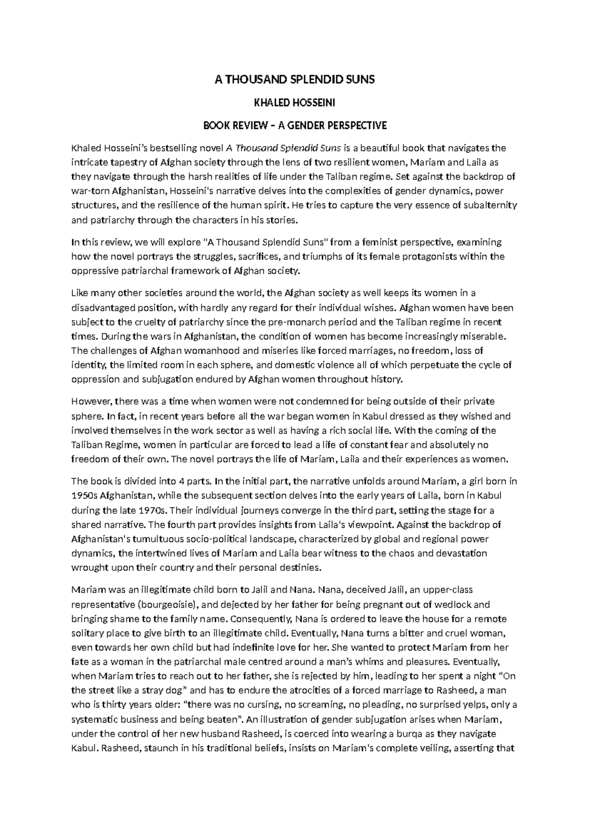 A Thousand Splendid SUNS- Book review - A THOUSAND SPLENDID SUNS KHALED ...