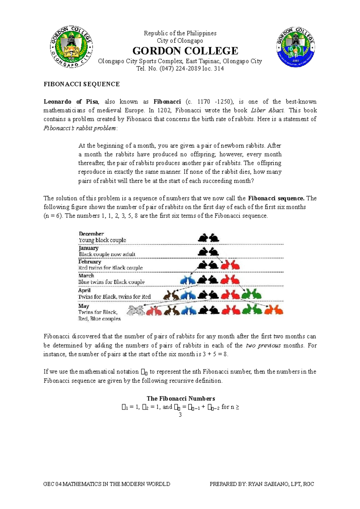 Fibonacci Sequence Math - Republic of the Philippines City of Olongapo ...