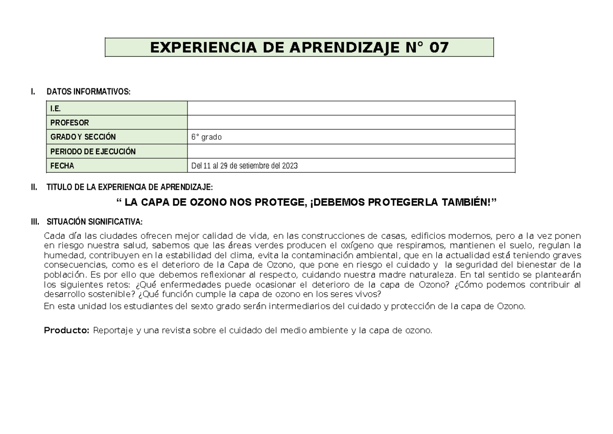 6° Grado - Experiencia DE Aprendizaje N°07 - EXPERIENCIA DE APRENDIZAJE N° 07 I. DATOS ...