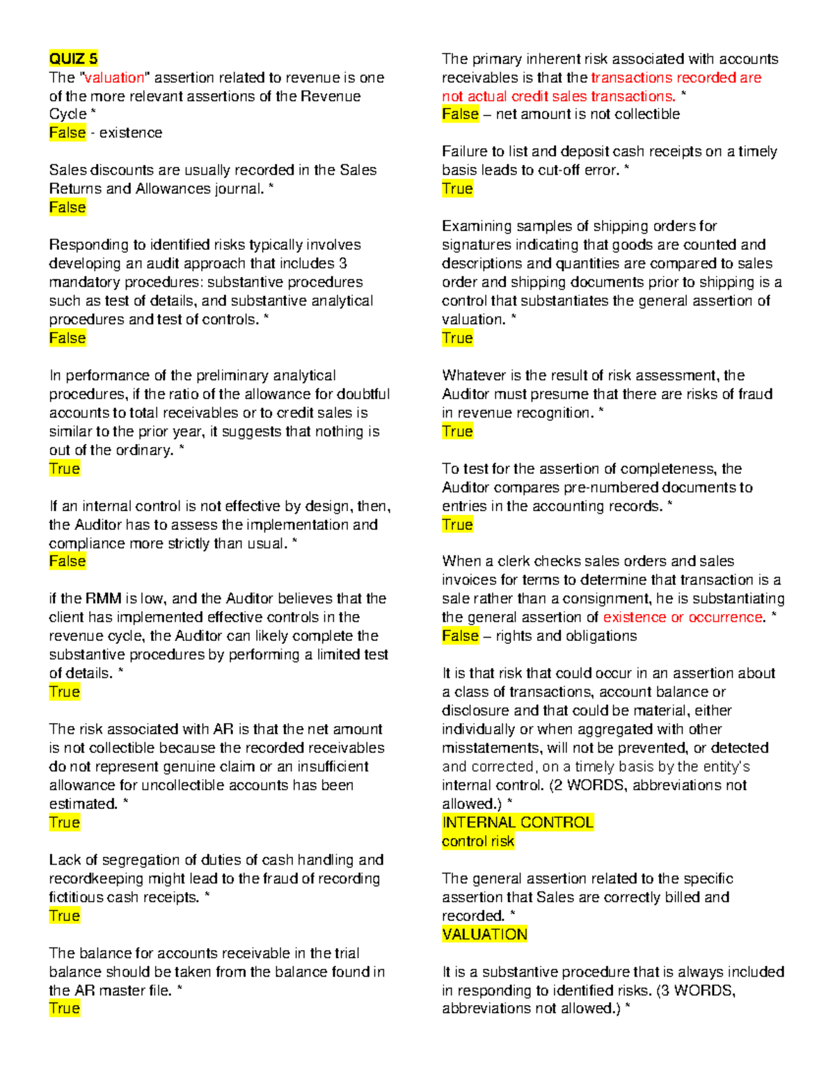 QUIZ 5 7 Auditing And Applications QUIZ 5 The valuation Assertion 