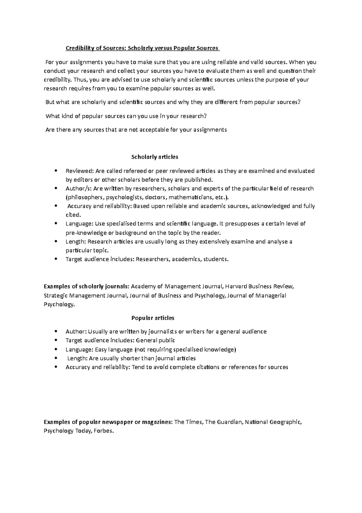 Week Assignment - Credibility of Sources: Scholarly versus Popular ...