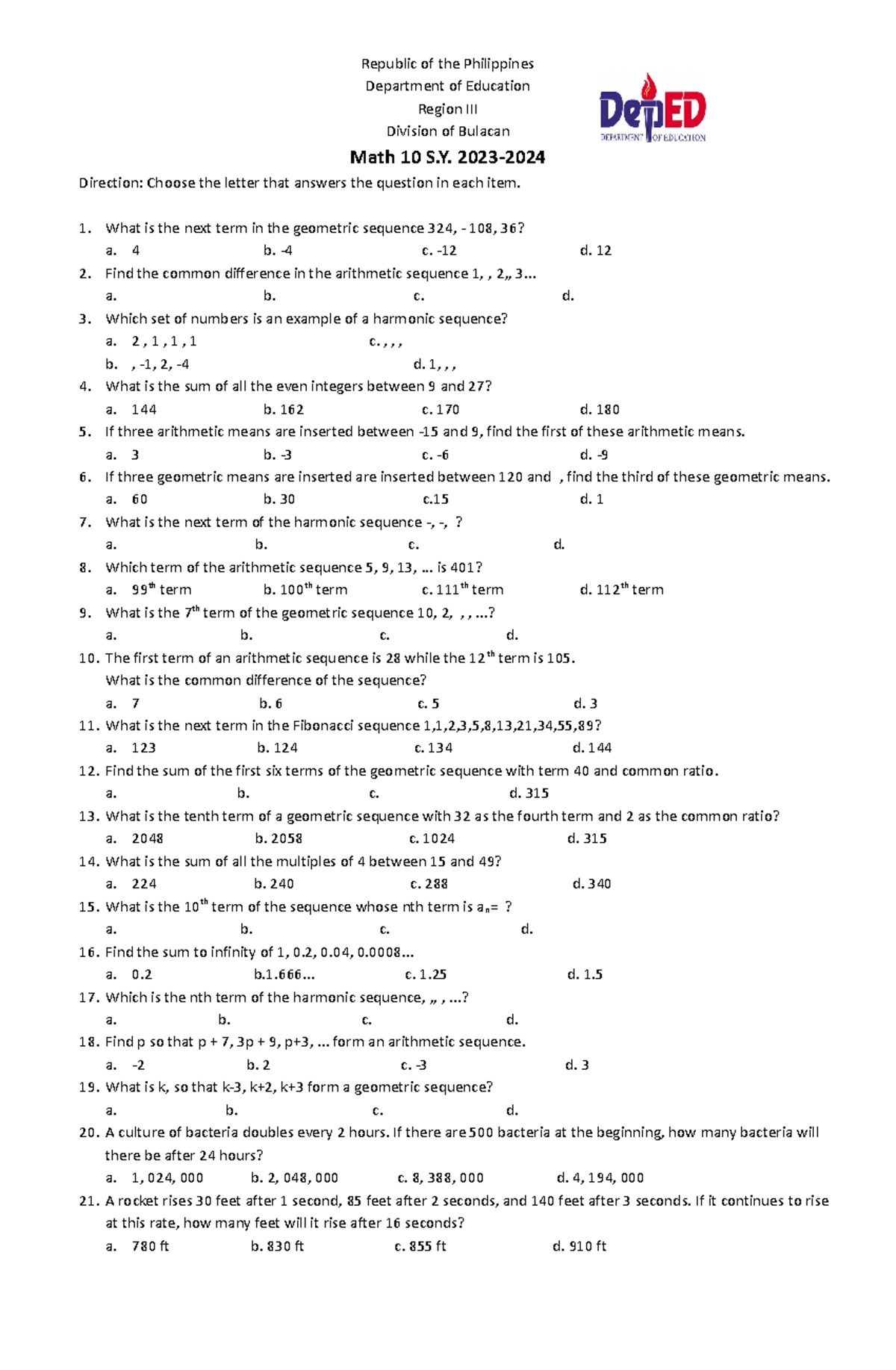 1st quarter math 10 test paper - Republic of the Philippines Department ...