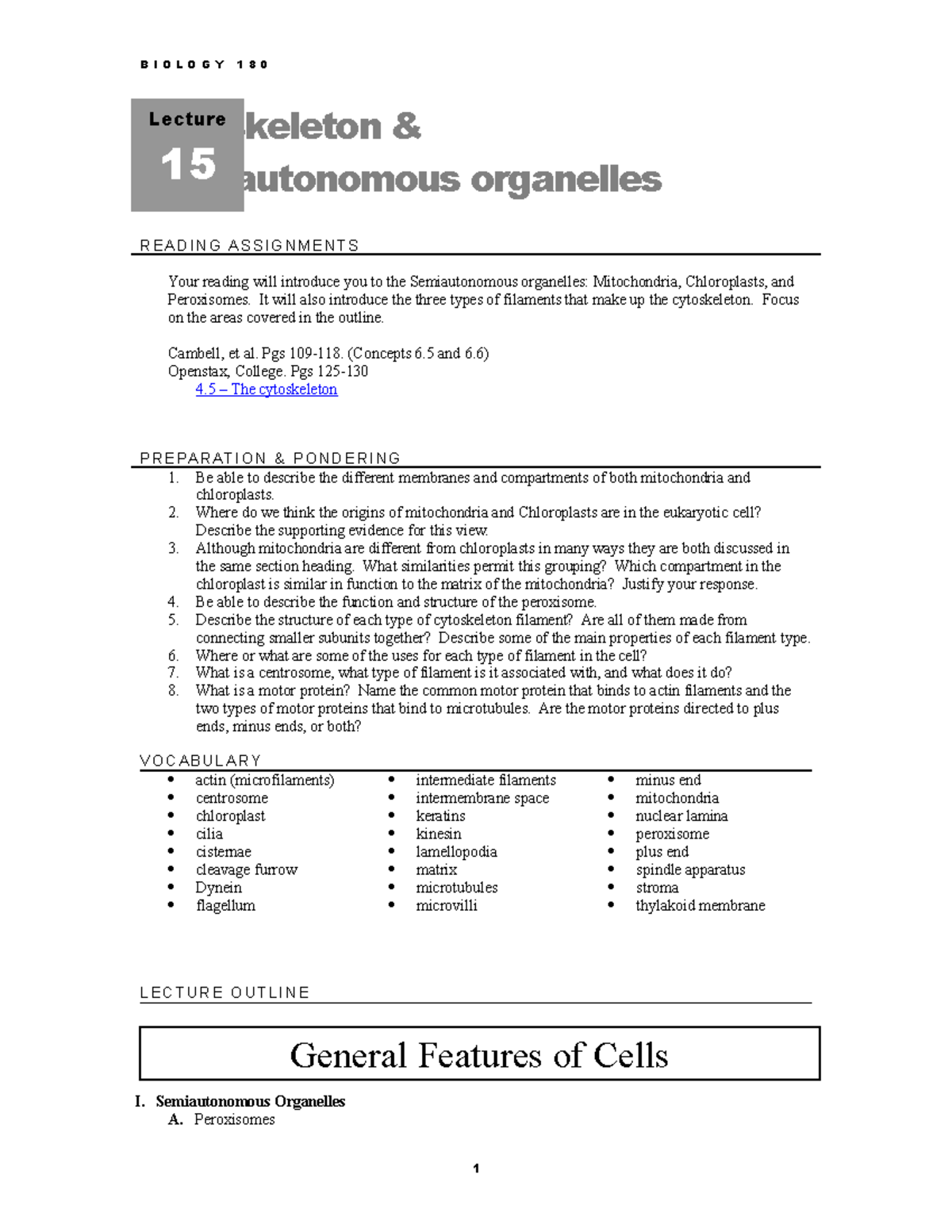Topic Worksheet - B I O L O G Y 1 8 0 Cytoskeleton & Semiautonomous ...
