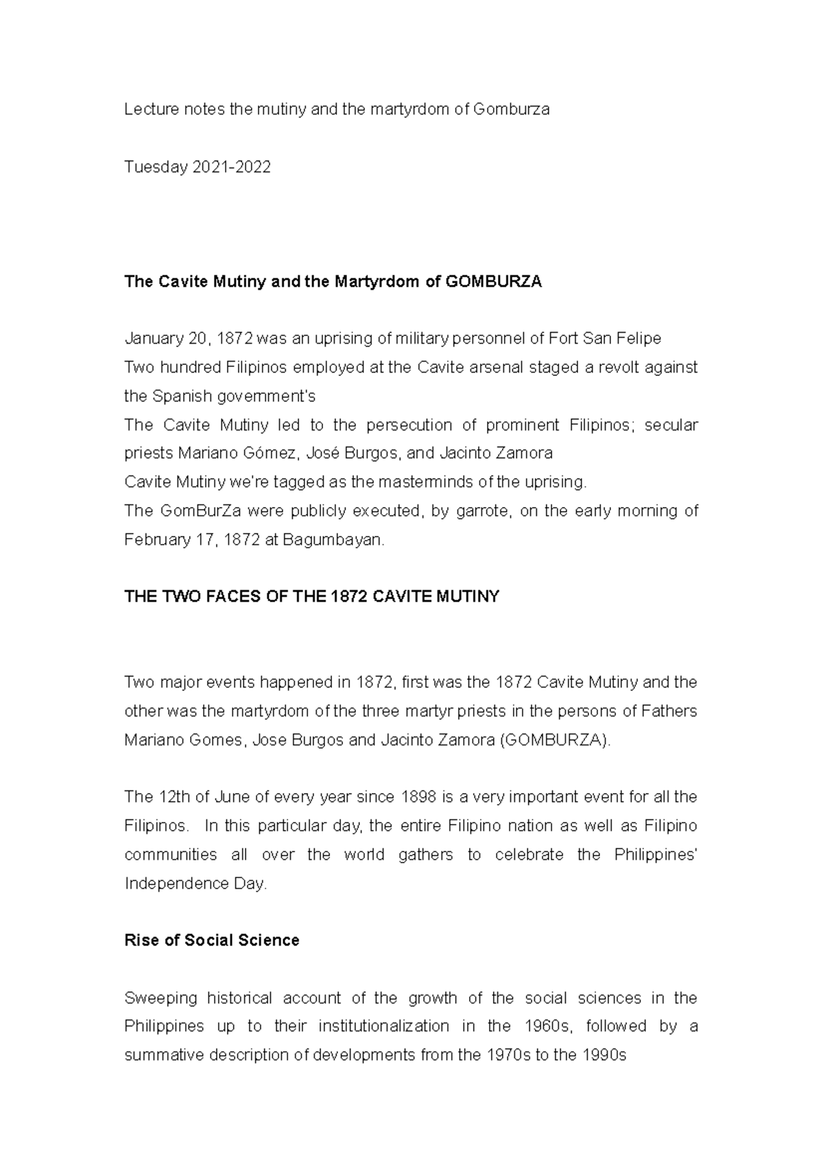 Lecture notes the mutiny and the martyrdom of gomburza - The GomBurZa ...