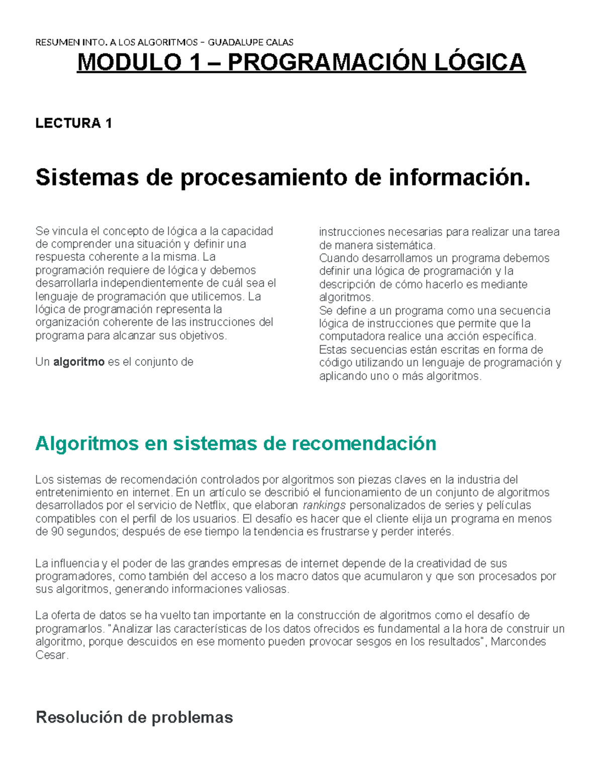 Modulo 1 Resumen Modulo 1 Programación Lógica Lectura 1 Sistemas