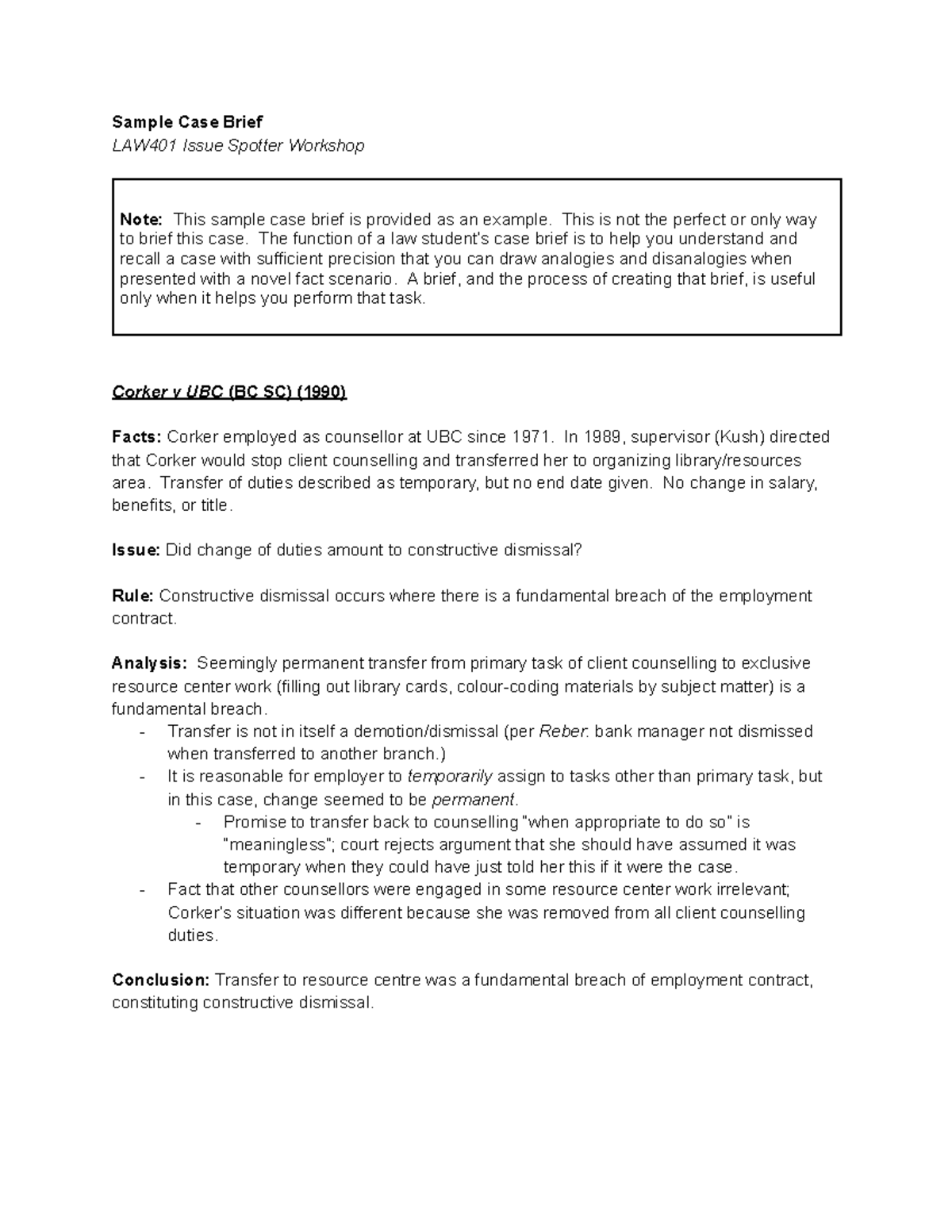 3. Sample Corker Brief - Sample Case Brief LAW401 Issue Spotter ...