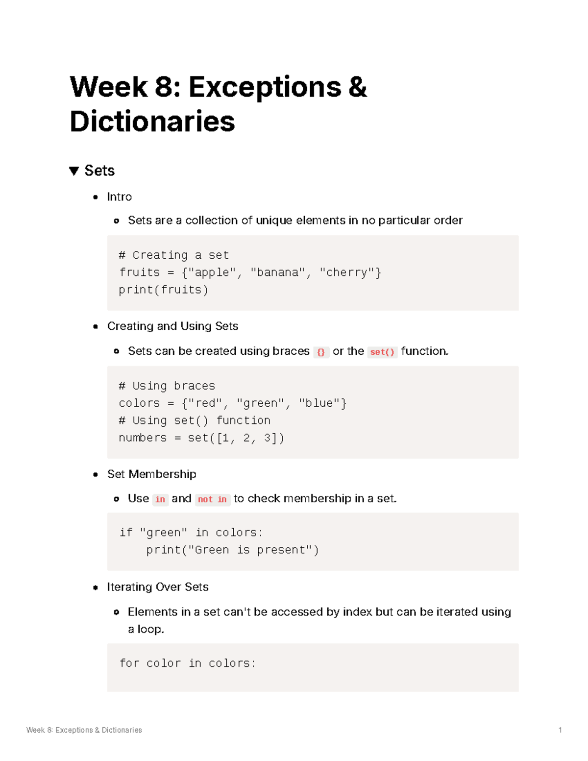 Week 8 - Exceptions & Dictionaries - Week 8: Exceptions & Dictionaries Sets Intro Sets are a ...