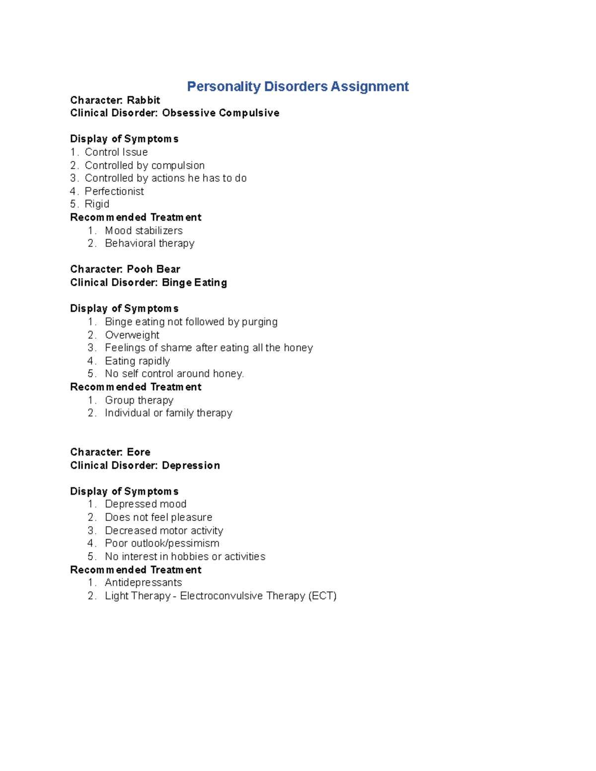 Personality Disorder Assignment - Personality Disorders Assignment ...