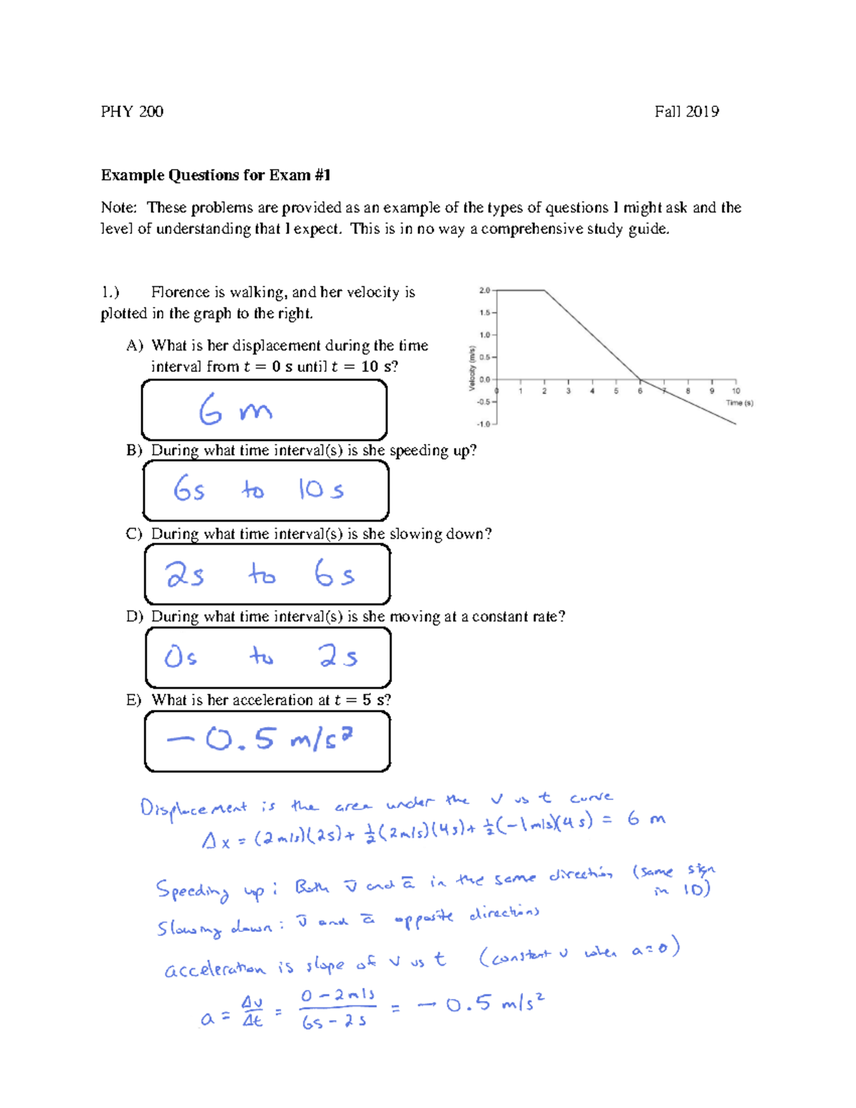 PHY200FA19 - Exam #1 Example Questions with Solutions - PHY 200 Fall ...