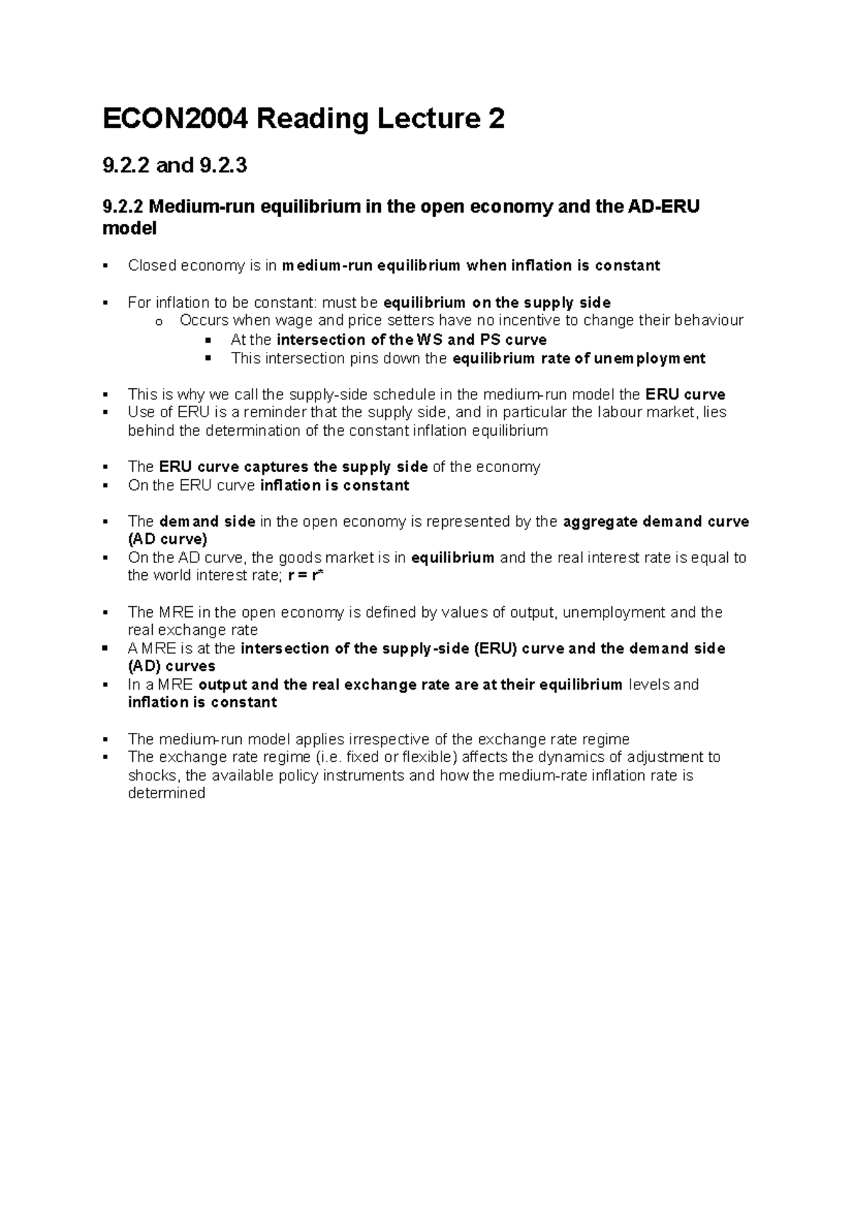 ECON2004 Term 2 Reading Lecture 2 - ECON2004 Reading Lecture 2 9.2 and 9. 9.2 Medium-run ...