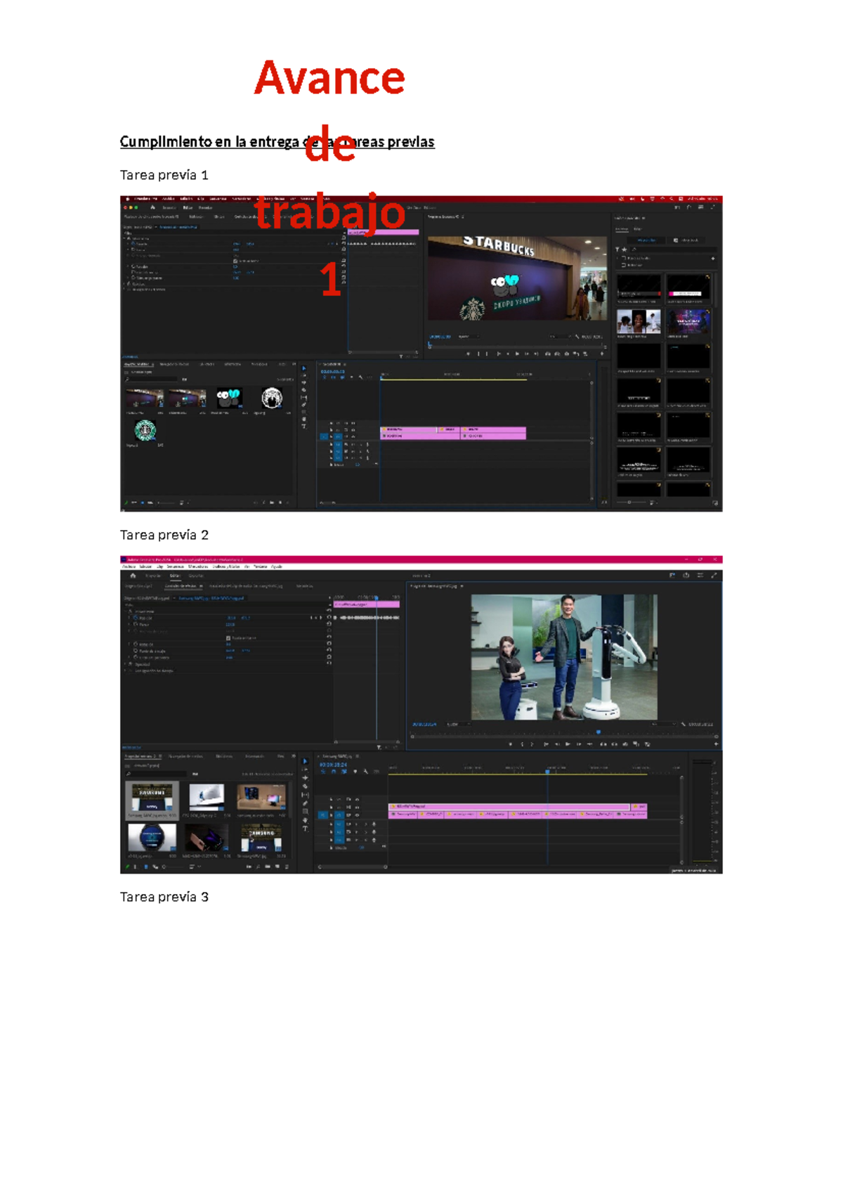 Practica Calificada 1 EA - Cumplimiento en la entrega de las tareas previas Tarea previa 1 Tarea ...