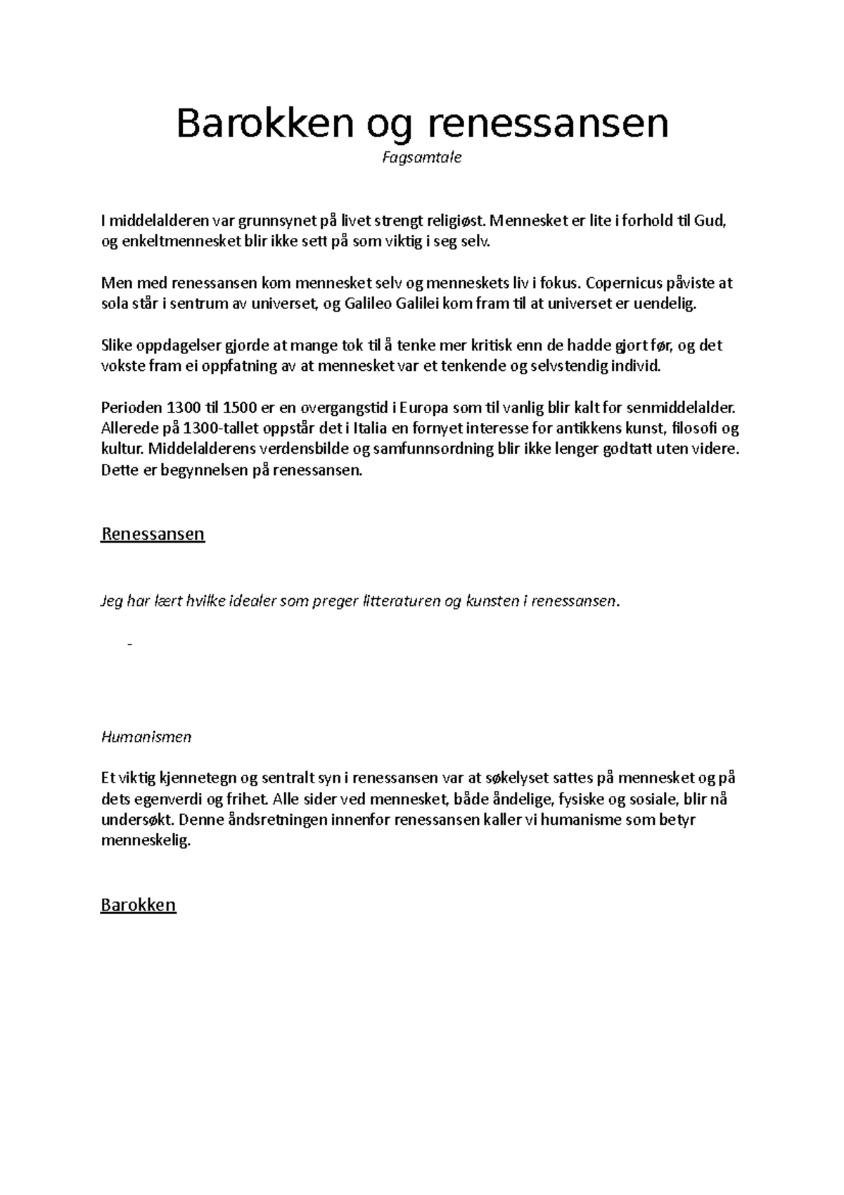 Barokken og renessansen - Barokken og renessansen Fagsamtale I ...