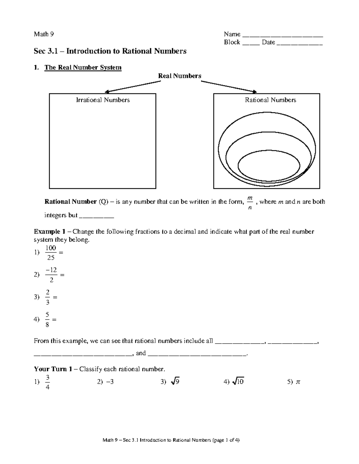 Ma9 3.1 Intro to Rationals - Math 9 Name Block Date Sec 3 Introduction ...