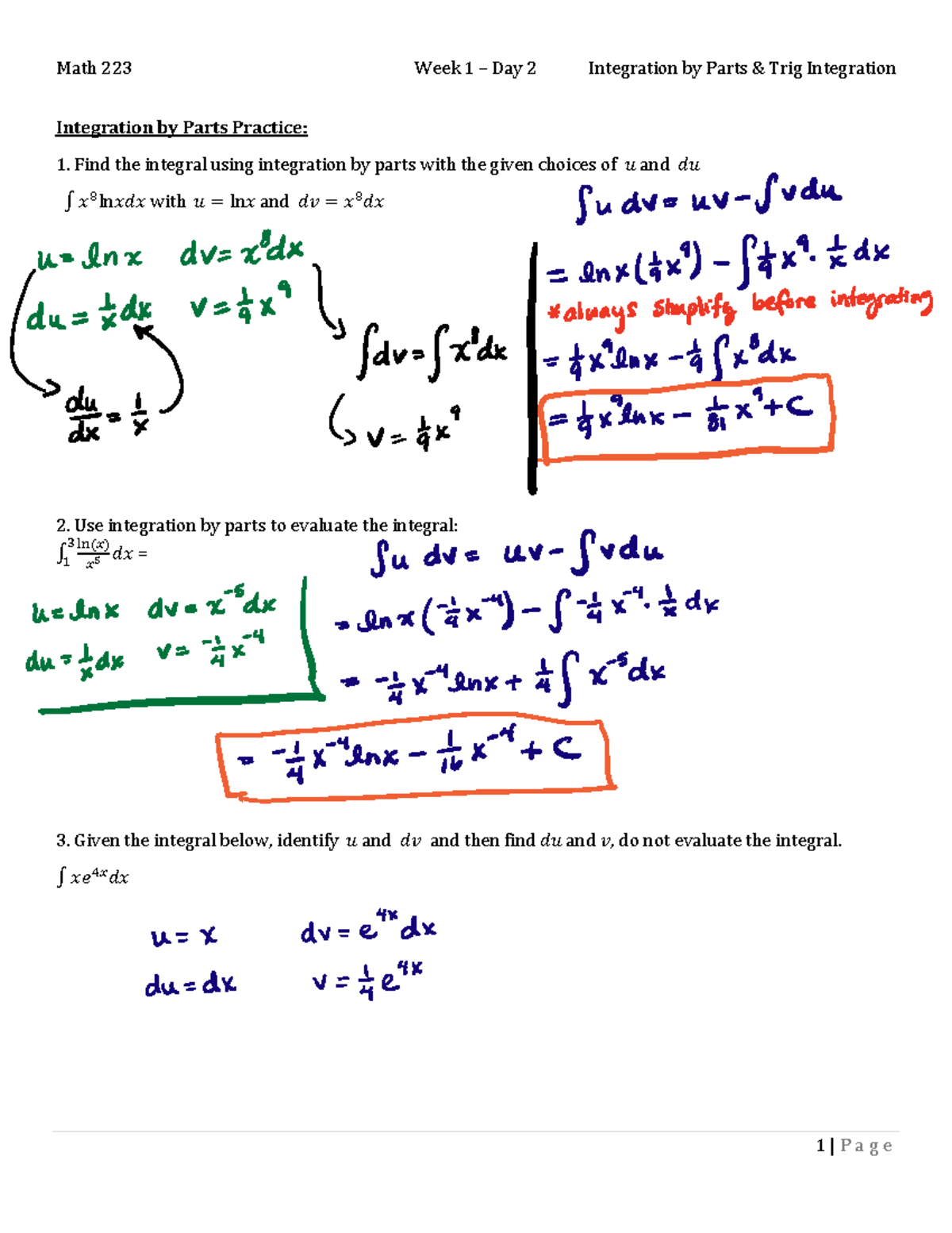 Week1-Day2-Integrationby Partsand Trig Integration - Integration by ...