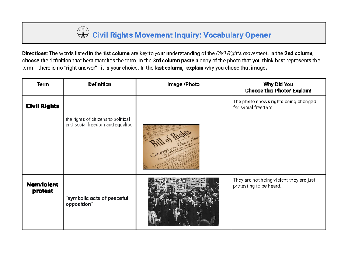 Civil Rights Movement Vocabulary Chart Hollywood - Civil Rights ...