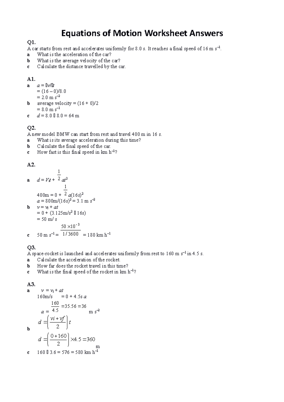 Suvat - Equations of Motion Worksheet Answers Q1. A car starts from ...