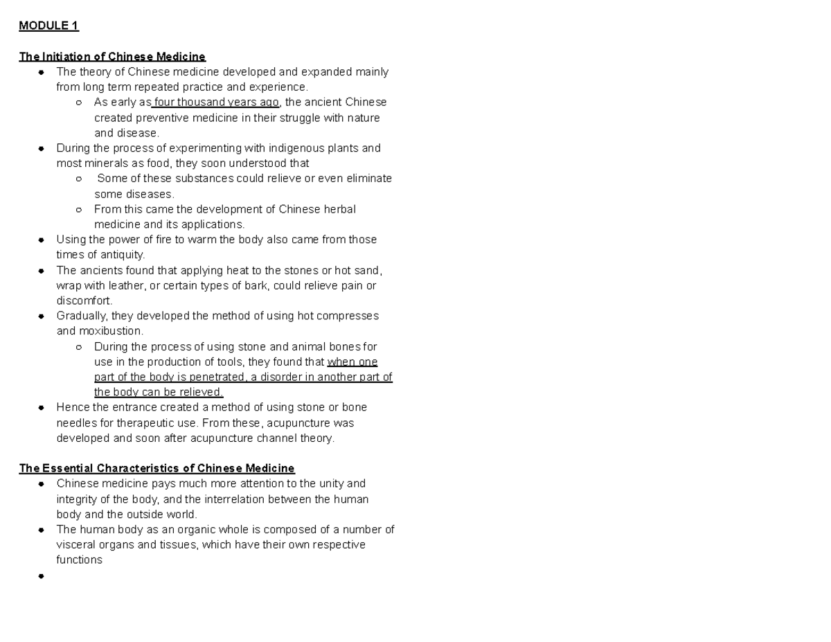 [Chinese Medicine] Notes - MODULE 1 The Initiation of Chinese Medicine ...