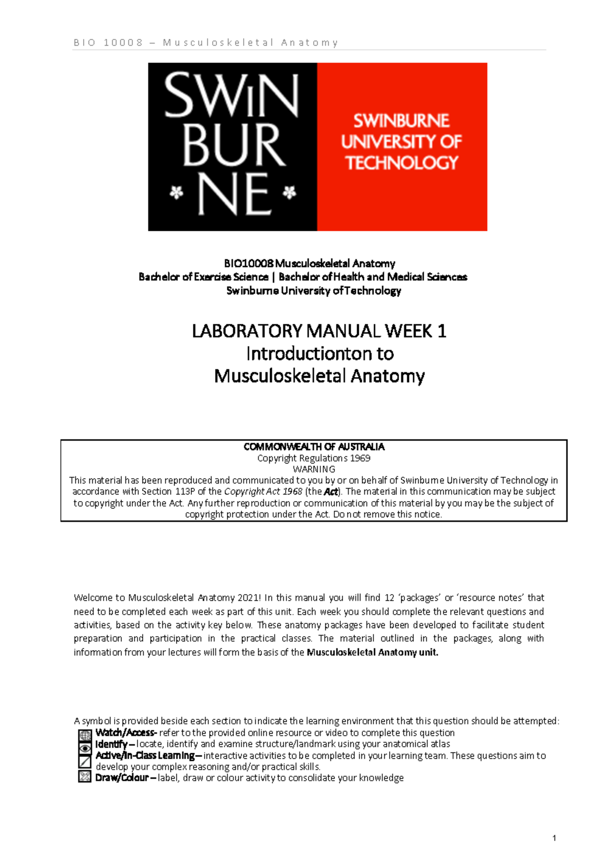 Week 1 intro to MSK-1 - msk anatomy bio10008 lab for week one ...