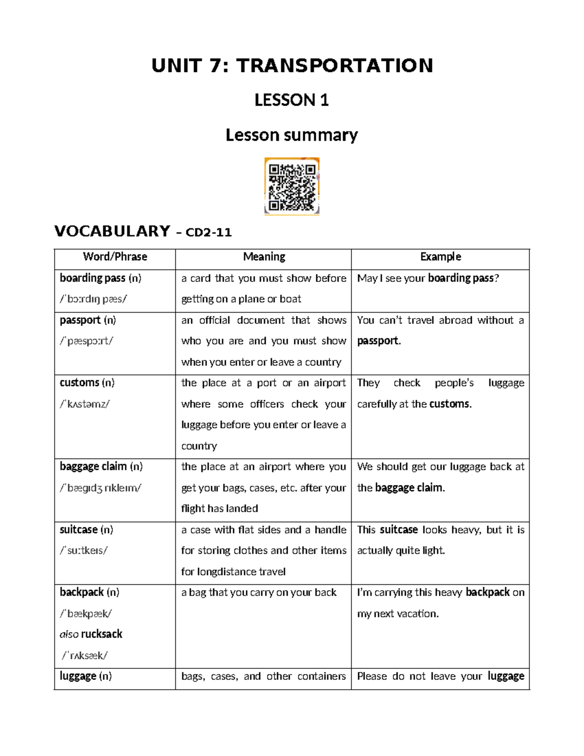 BỒI DƯỠNG ANH 7 i-LSW7 UNIT7 - UNIT 7: TRANSPORTATION LESSON 1 Lesson ...