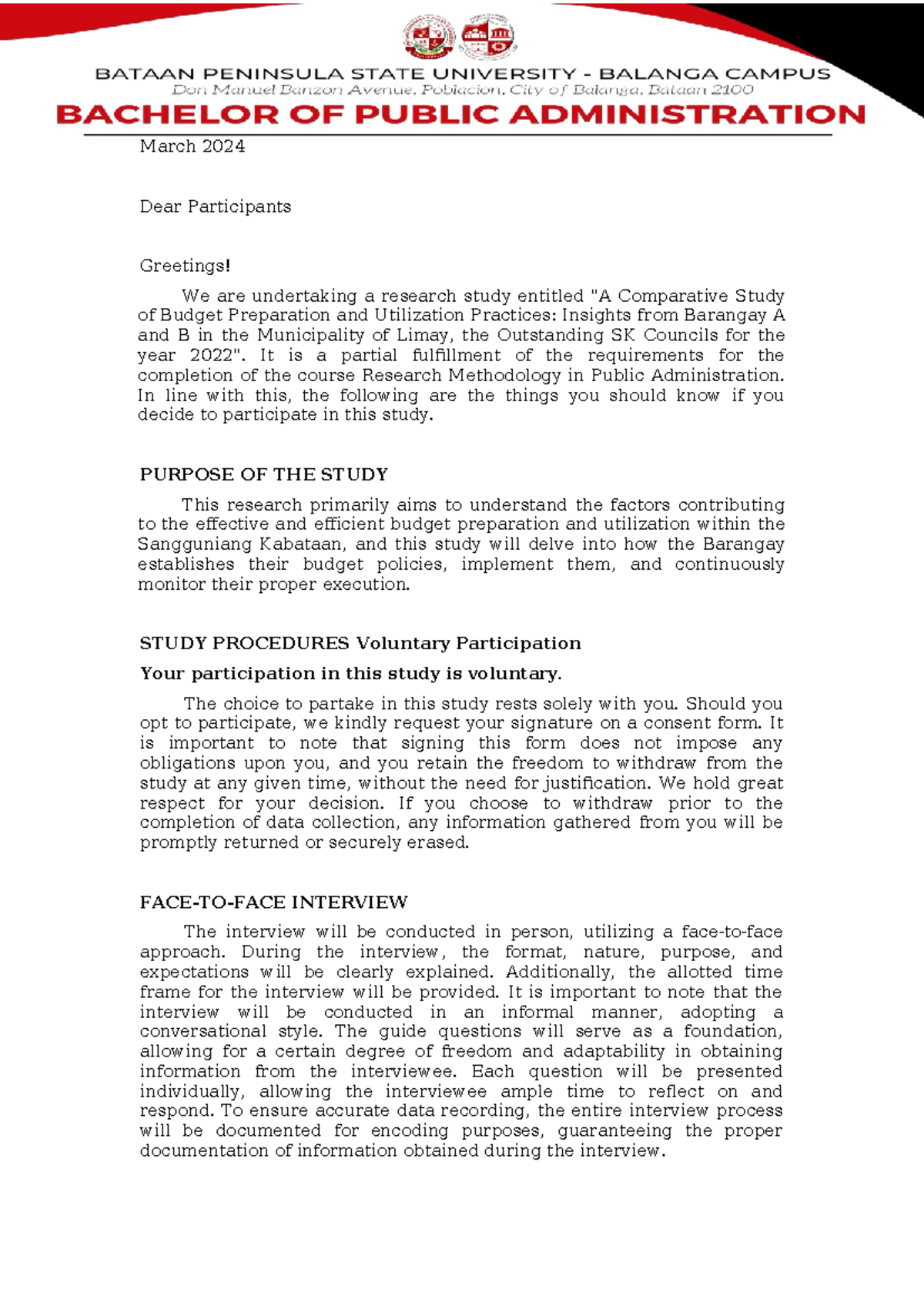 Letter Consent FOR Interview - March 2024 Dear Participants Greetings ...
