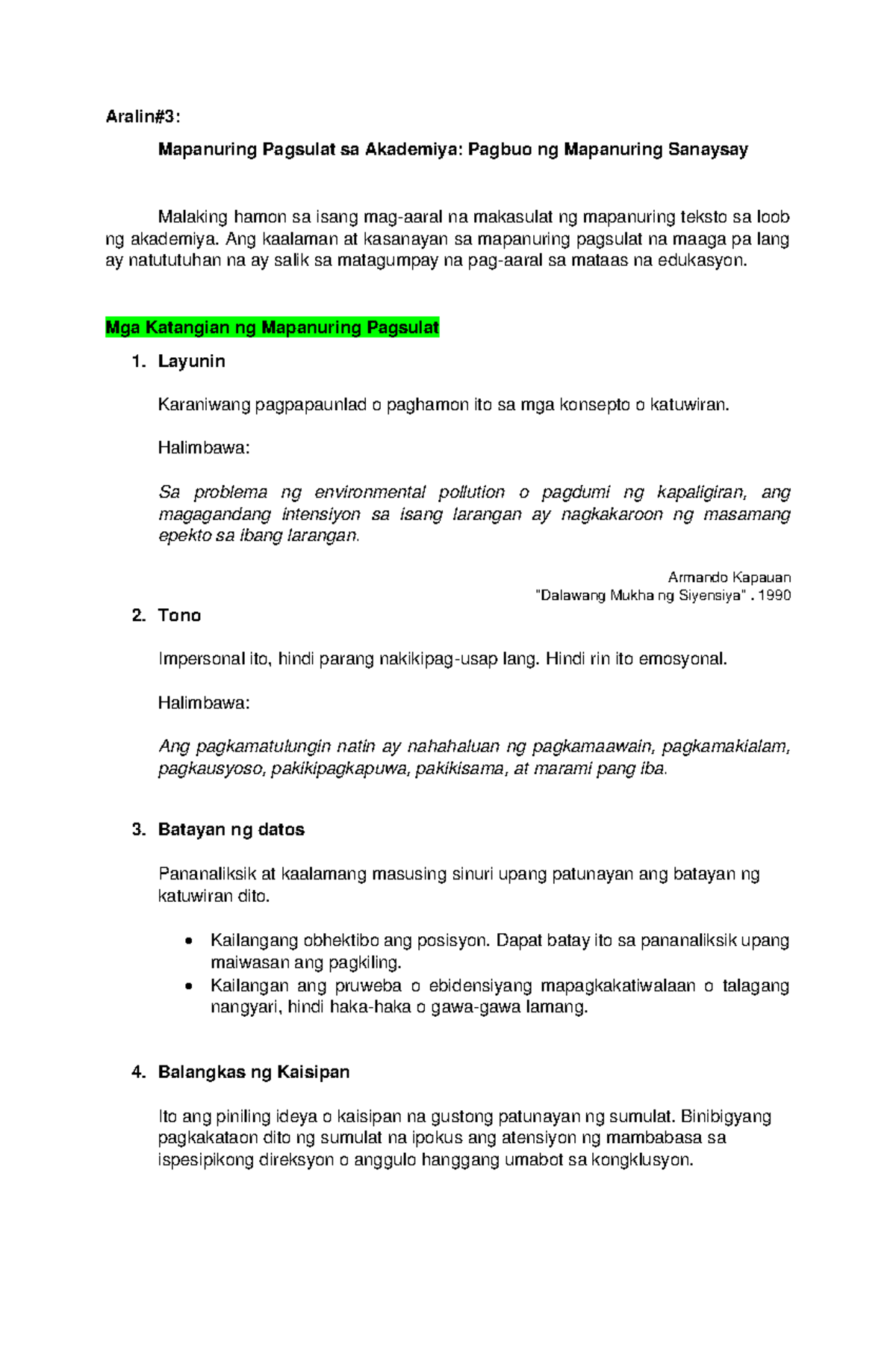 Aralin#3 - Mapanuring Pagsulat sa Akademiya - Aralin#3: Mapanuring ...