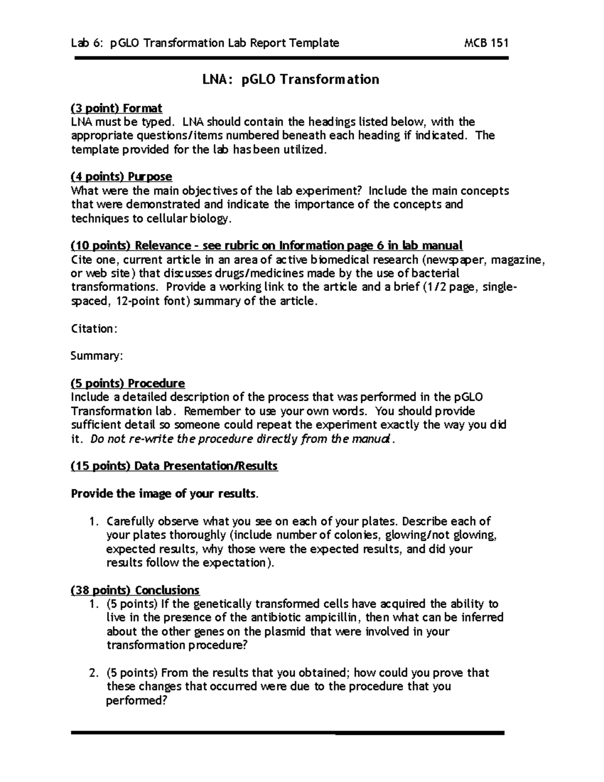 Lab 6: pGLO Transformation Lab Report Template MCB 151 - Studocu