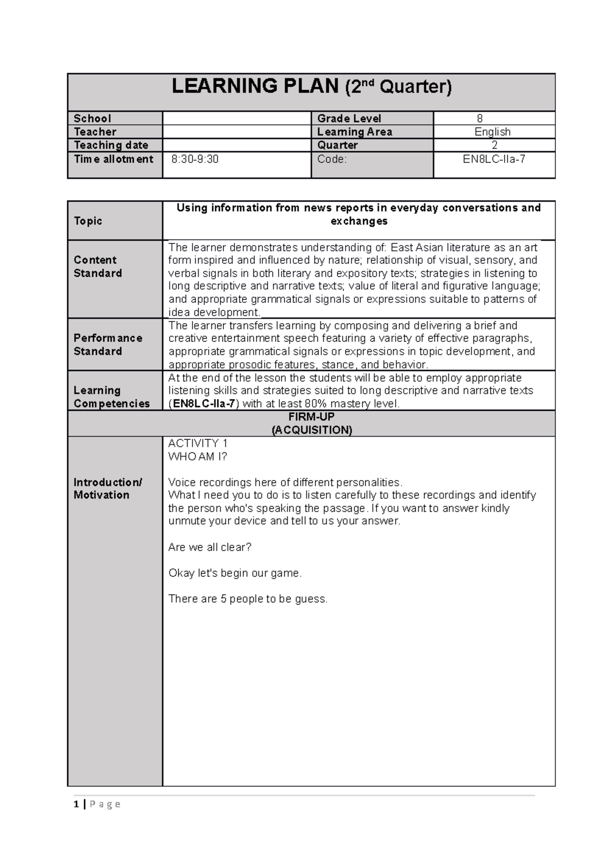 Learning-PLAN - LEARNING PLAN IN ENGLISH - LEARNING PLAN ( nd Quarter ...
