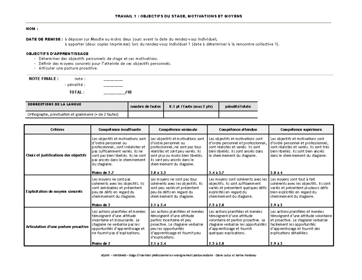 MAE8490-Grille-travail 1 Objectifs - TRAVAIL 1 : OBJECTIFS DU STAGE ...